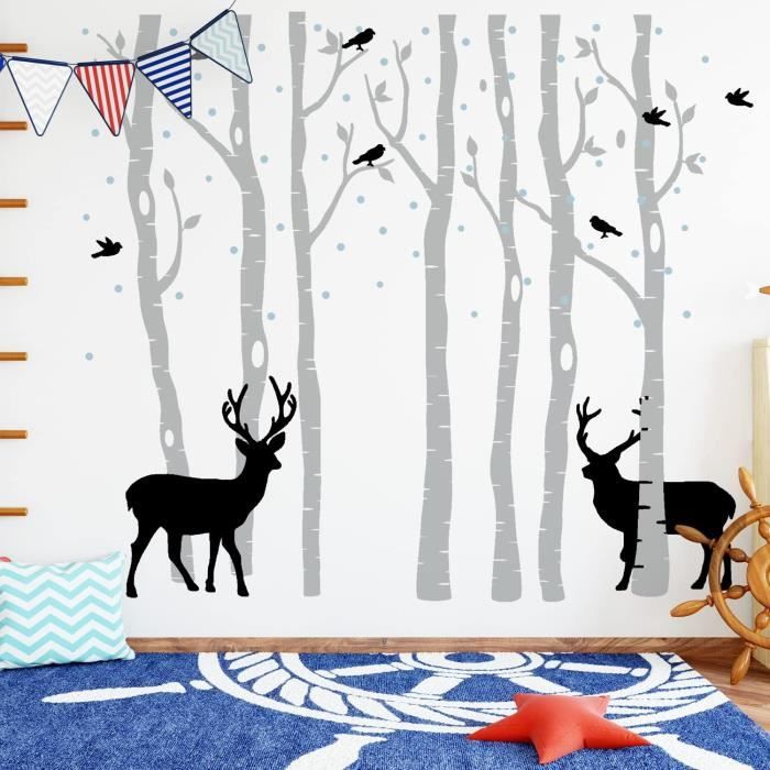 Sticker Mural Géant Arbre Bouleau Autocollants Deer Oiseaux Stickers ...