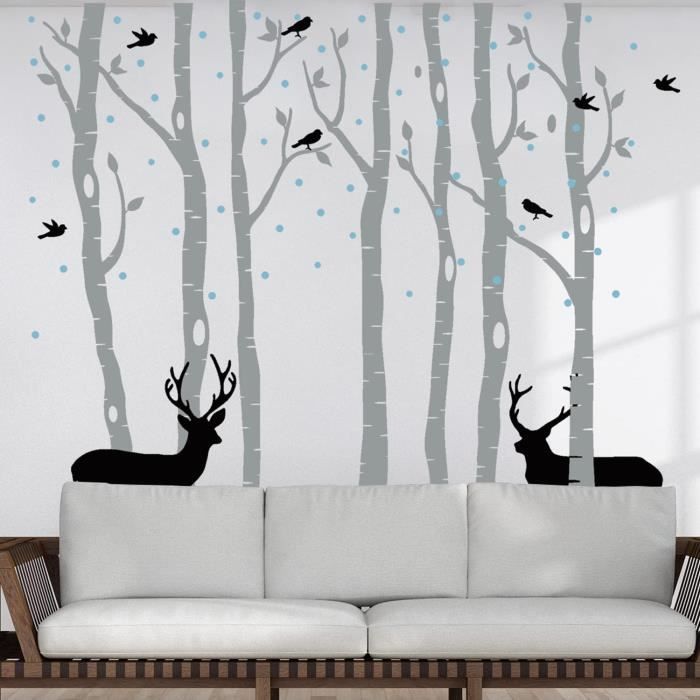 Sticker Mural Géant Arbre Bouleau Autocollants Deer Oiseaux Stickers ...