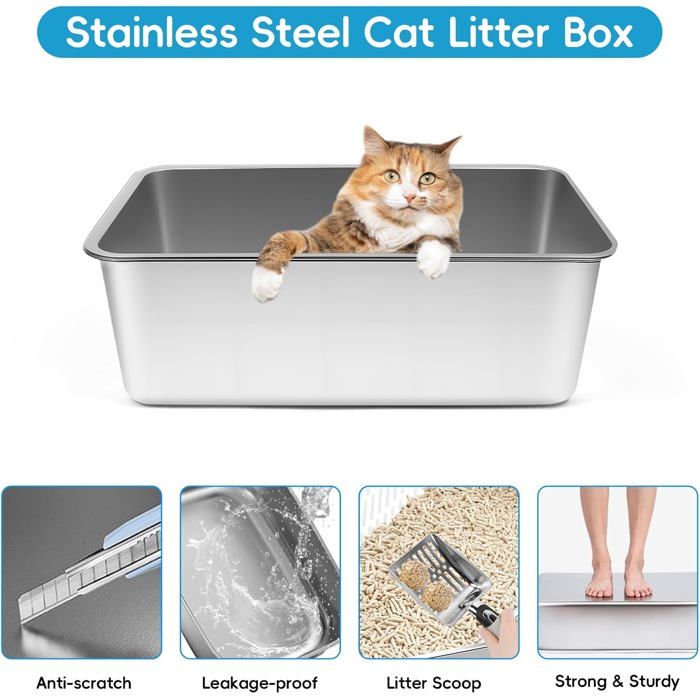 Bac litière XXL en acier inoxydable - SUTEO - 60x40x20 cm - Gris argent ...