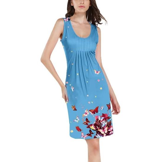 Minetom Robe De Plage Femme Eté Imprimée Sans Manches Col Rond Casual