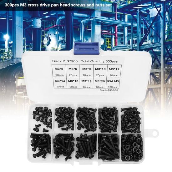 Vis et écrous - PWSHYMI - Kit d'assortiment 300 pièces - Acier au carbone - Tête cylindrique ...