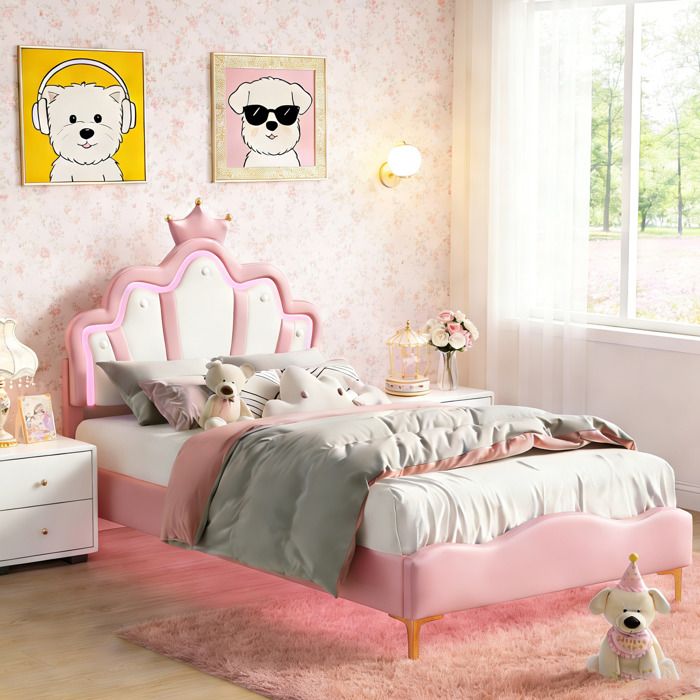 Lit fille 90x200 cm avec sommier LED - Lit enfant avec tête de lit ...