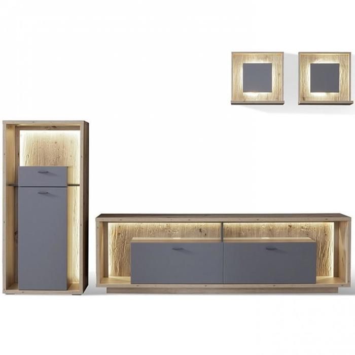 Meuble télé - Commode 66x141cm - étagères murales SOLO Mélamine chêne ...