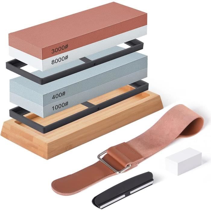 Pierre à aiguiser, set d'aiguiseur 400-1000 3000-8000, pierre à aiguiser avec base en bambou ...