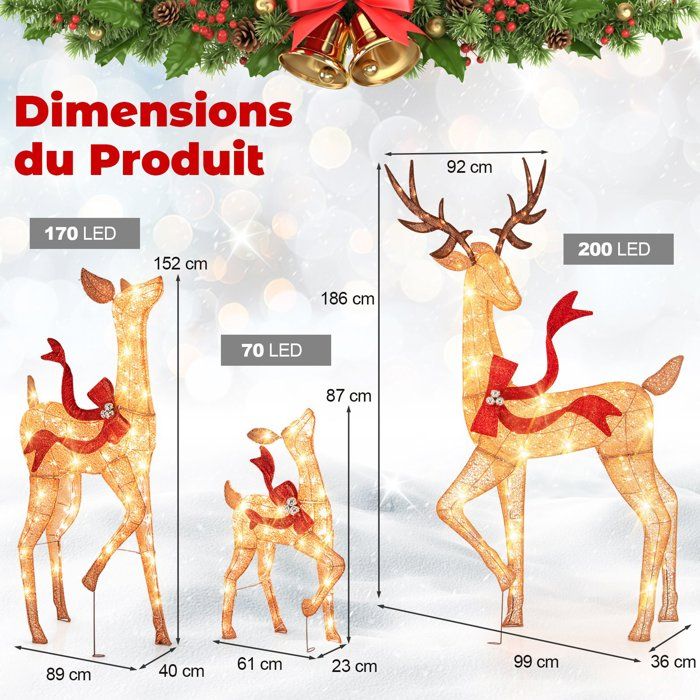 COSTWAY Ensemble de 3 Rennes de Noël Illuminés, 1 Cerf 1 Biche 1 Faon ...