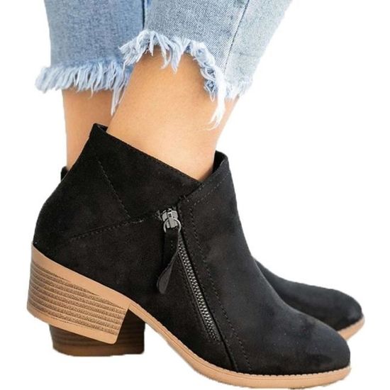 Bottine Femme Bout Rond,Boots Femme Talon Carré en Suédé Double-zipper ...