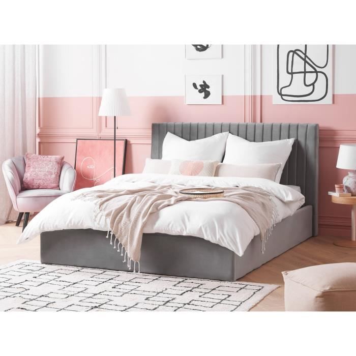Lit double avec rangement 160 x 200 cm en velours gris VION - Cdiscount ...