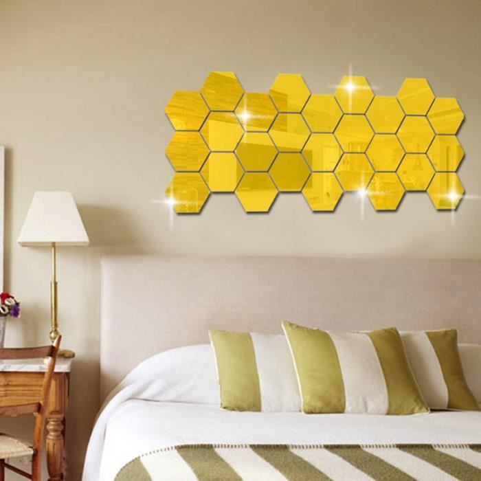 12 pcs mur hexagonal 3D autocollant tridimensionnel miroir dorée ...
