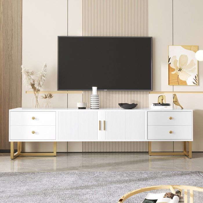 Meuble TV Maisentiel 180 cm blanc effet bois MDF avec panneaux bois et ...