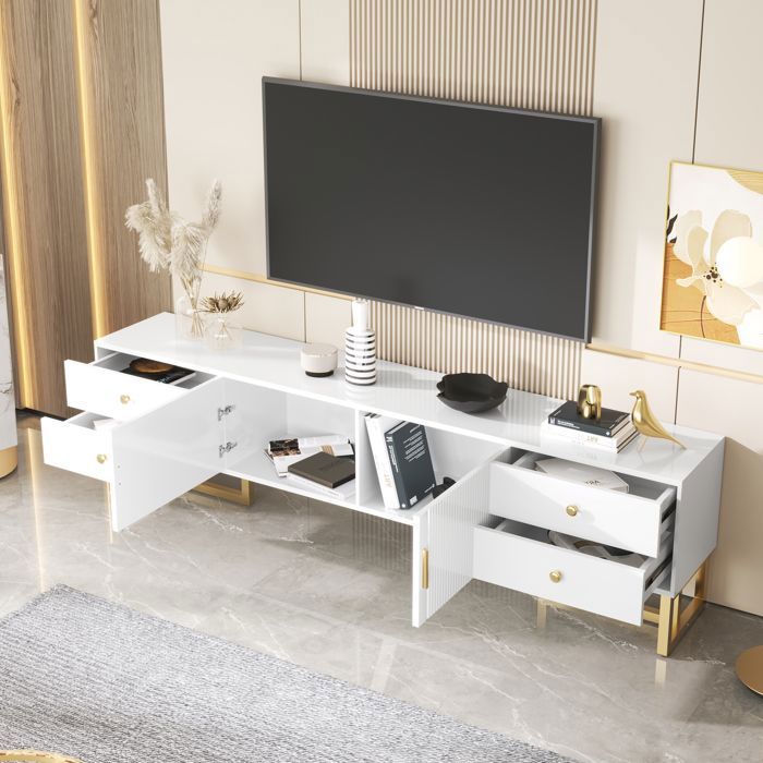 Meuble TV Maisentiel 180 cm blanc effet bois MDF avec panneaux bois et ...