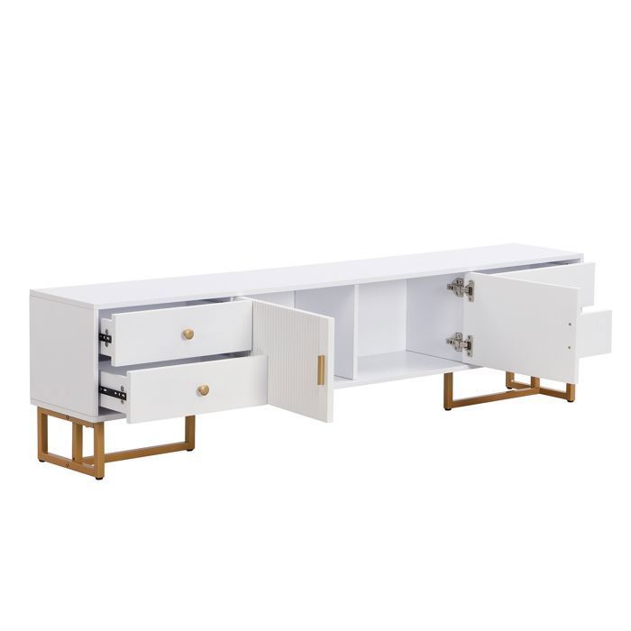 Meuble TV Maisentiel 180 cm blanc effet bois MDF avec panneaux bois et ...
