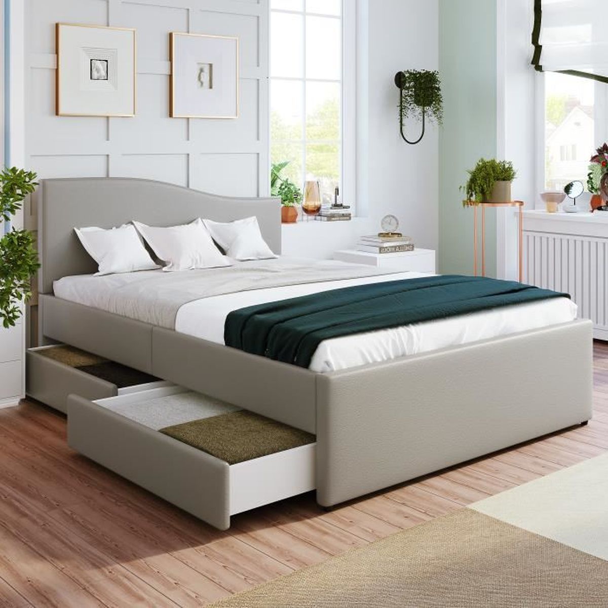 Lit double 140 x 200 cm avec 2 tiroirs gris - Cdiscount Maison