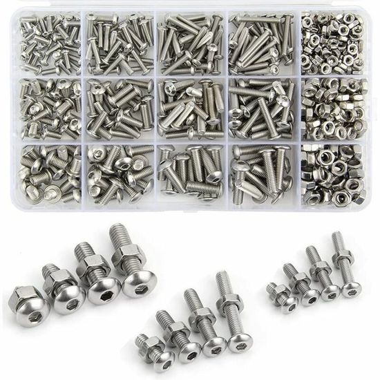 Coffrets de Boulons et Écrous M3 M4 M5 en Acier Inoxydable 304, 500 Pièces, Vis à Tête ...