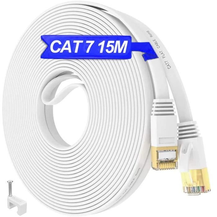Cable Ethernet 15M Haut Débit, Cat 7 Cable Rj45 Plat Câble Réseau Blindé S-Ftp, Blanc Cable ...