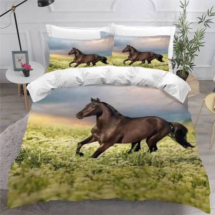 Housse De Couette 220X240 Ado Adulte Parure De Lit Cheval Cheval Sur Le Pré Housse De Couette En ...