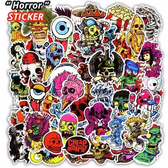 50 autocollants stickers horreur : zombie, halloween, tête de mort ...