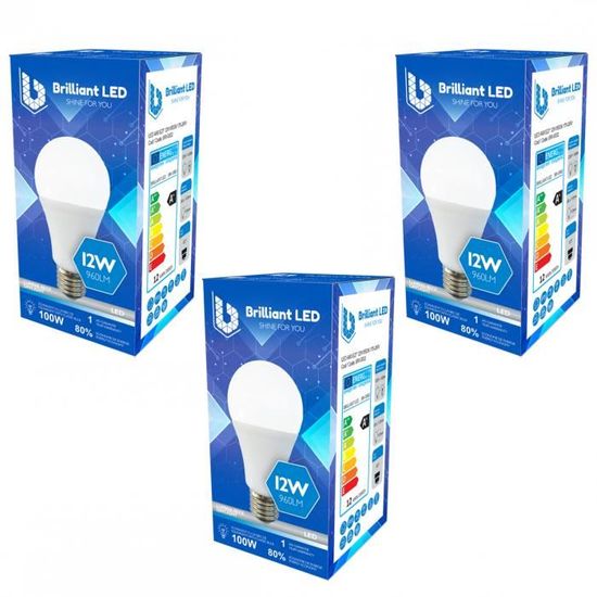Brilliant LED Lot de 3 Ampoules LED E27, Blanc Froid 6500K, 12W = 100W, 960 Lumen, 220-240V, A60 ...