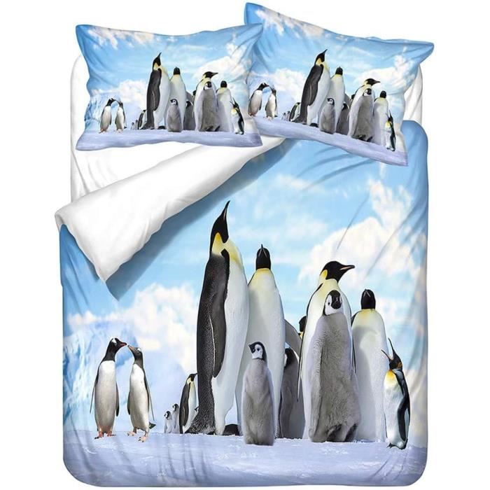 Animaux 3D Parure De Lit 2 Personnes Bleu Pingouin Mignon Ensemble ...