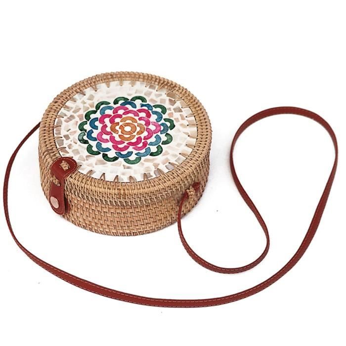 Sac en Rotin Rond Tissé à la Main Bandoulière en Cuir Naturel Chic Vert ...