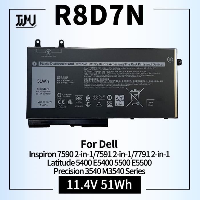 R8D7N 11,4V 51WH-Batterie d'ordinateur portable, Dell Latitude 5400 5500 5410 5510 E5400 E5500 ...