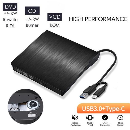 Lecteur CD/DVD Externe USB 3.0 et Type C Portable CD/DVD-RW Lecteur ...