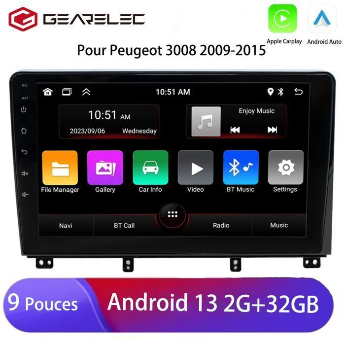 Autoradio Carplay-GEARELEC-pour Peugeot 3008 2009-2015(2Go + 32 Go) 9 Pouces Android 13 avec GPS ...