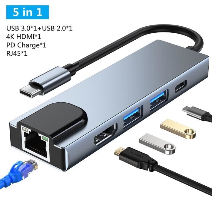 5 en 1 - Adaptateur Multiport USB type-c , Hub 3.0, HDMI 4K, Ports d'entrée Ethernet RJ45, PD ...