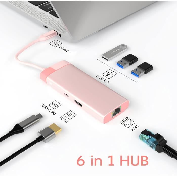Hub Usb C, Adaptateur Usb C 6 En 1 Avec Gigabit Rj45 Ethernet, 3 × Usb 3.0, Hdmi 4K Et 100W Pd ...