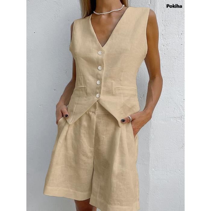 Ensemble gilet et short en lin pour femme,haut à boutonnage simple,ensemble deux pièces élégant ...