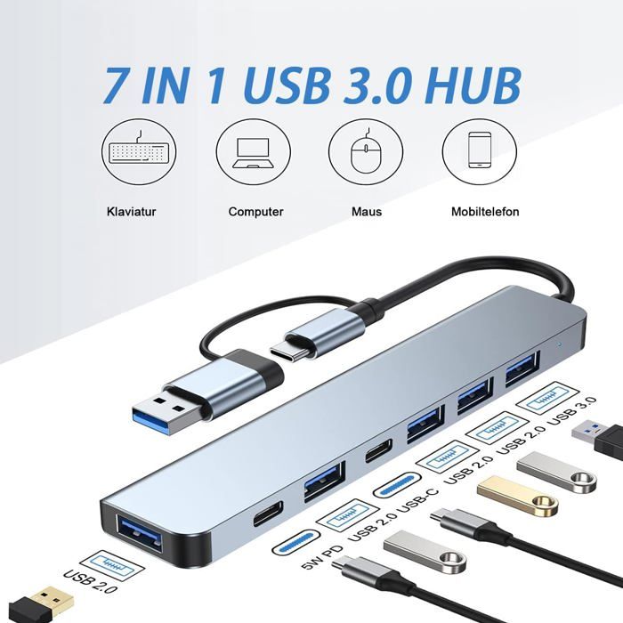 Hub USB C 3.0, Adaptateur Hub Type C Multiport 7 en 1 avec 1 Hub de ...