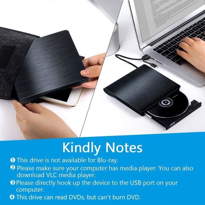 Lecteur CD/DVD Externe USB 3.0 et Type C Portable CD/DVD-RW Lecteur ...
