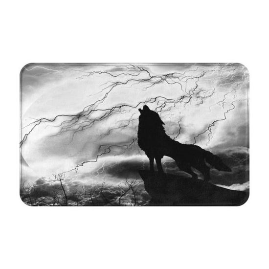 Tapis de Bain,Loup solitaire en silhouette hurlant à l'orage la faune ...
