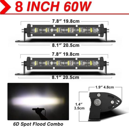 (6D-8IN-W -2 pièces)Barre lumineuse LED 8 "14" 20 "pouces, lampe antibrouillard de conduite ...