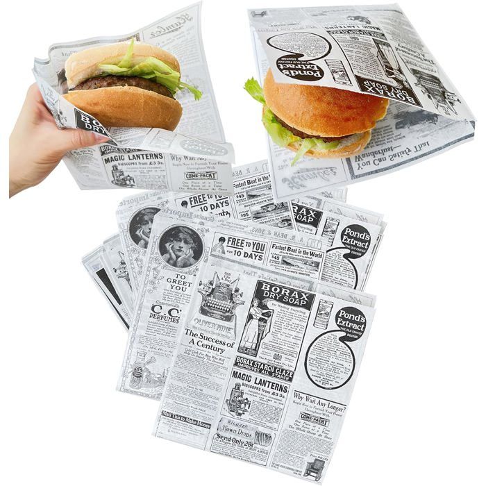 100 Pièces Papier Alimentaire Anti-Graisse 19X17Cm Motif Journal Wrap ...