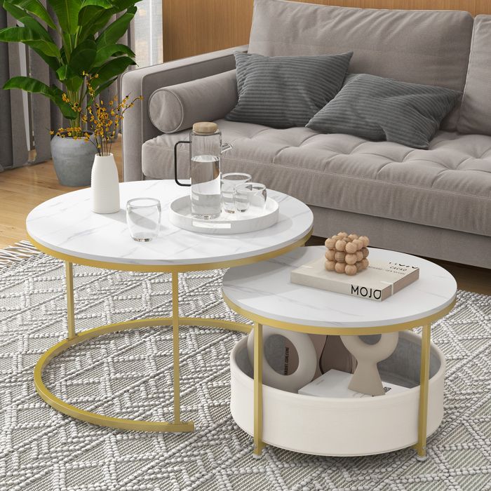 COSTWAY Lot de 2 Tables Basses Rondes de 80 cm et 60 cm, Panier de ...
