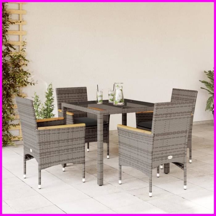 DXBK Ensemble à manger de jardin et coussins 5 pcs gris rotin verre ...