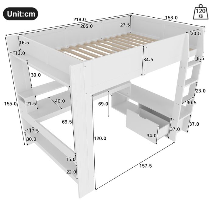 Lit mezzanine 140x200 cm avec bureau, LED 16 couleurs, tiroir et ...