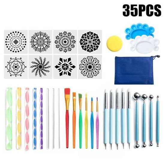 Kit d'outils de pointillage de Mandala - 35 pcs - Pinceaux, pochoirs ...