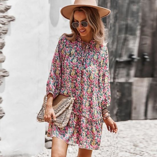 Robe Femme Ete Bohème Col En V Sexy Chic Elegant Manches Longues