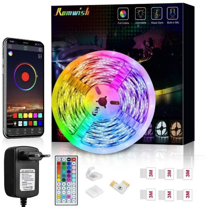 Ruban LED Bleutooth 5M, Romwish Bande LED SMD 5050 RGB Multicolore LEDs Kit de Bandeau LED ...
