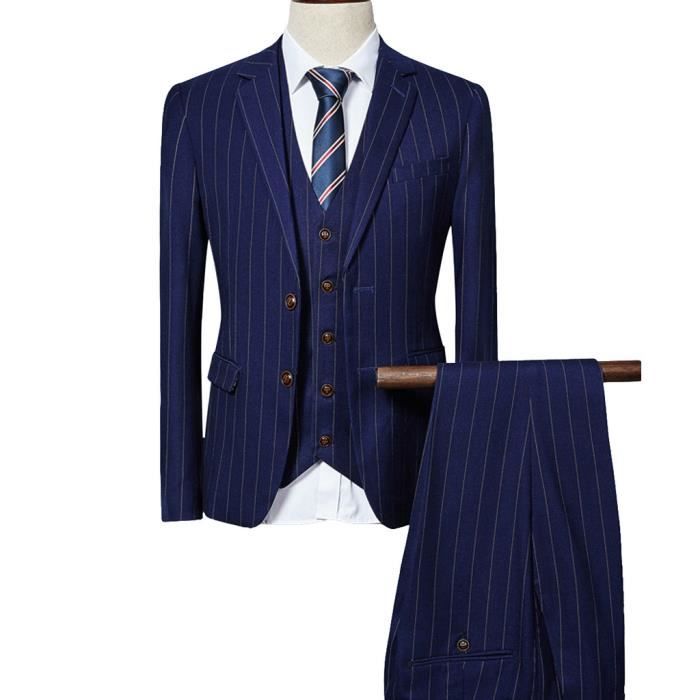 Costume homme slim fit Des bandes verticales 2 boutons Bleu marin ...