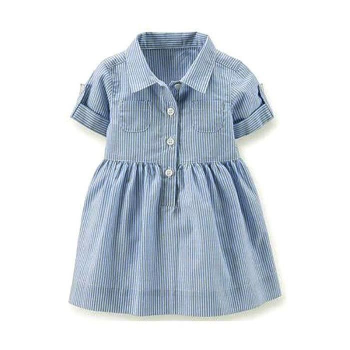 ROBE 1-6 Ans Enfant Fille Robe à Rayures Verticales Bleu Vêtement Été ...