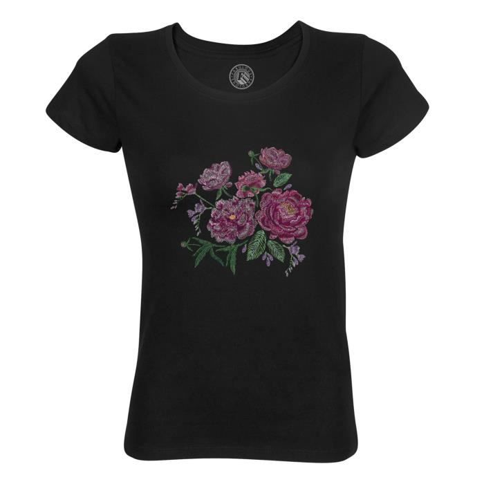 T-shirt Femme Col Rond Coton Bio Noir Dessin Roses et Violettes Fait ...