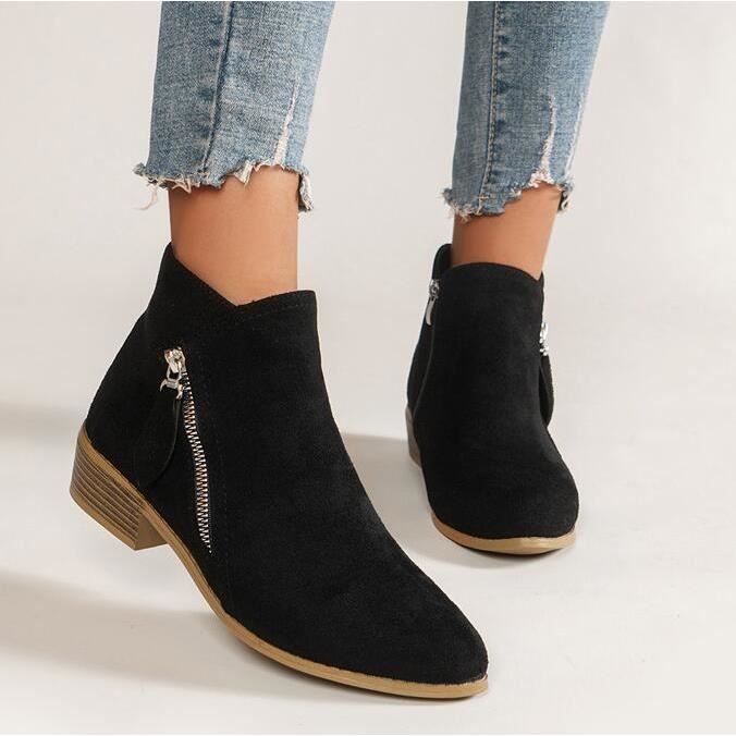 Noir - Bottines automne hiver pour femme plates à double fermeture ...