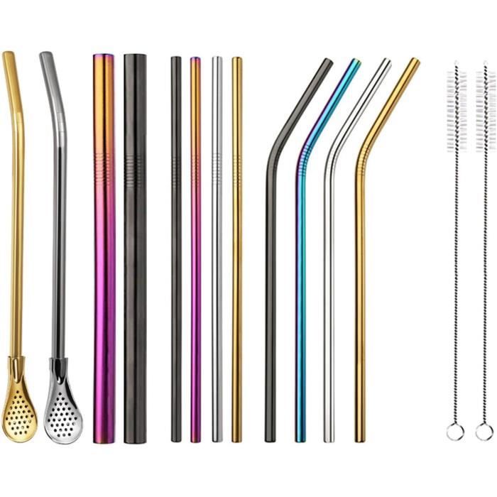 Paille réutilisable, paille en acier inoxydable colorée, grande paille et entonnoir, avec deux ...