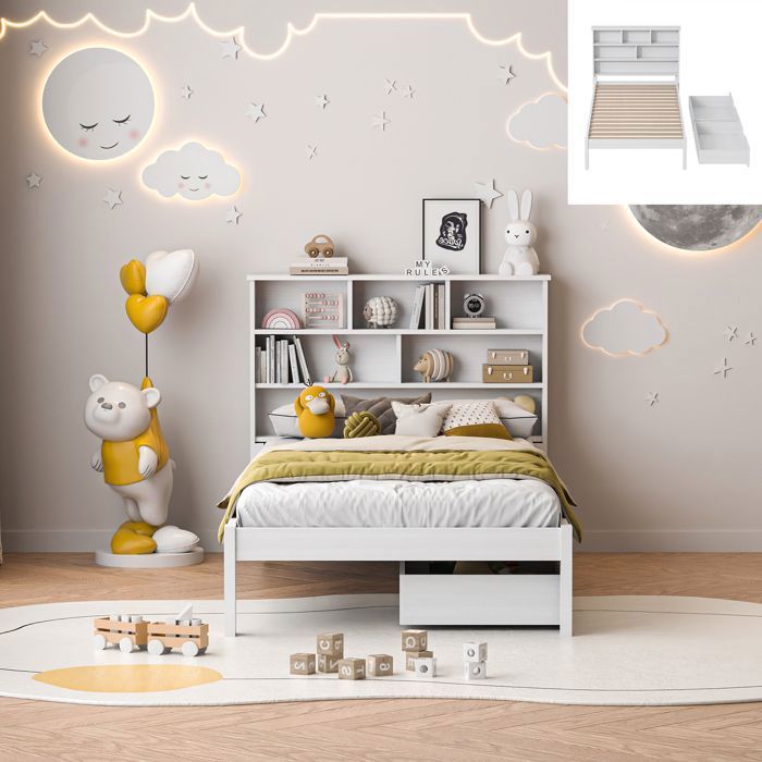 Lit simple enfant 90x200 cm avec 2 tiroirs, Lit simple capitonné avec ...