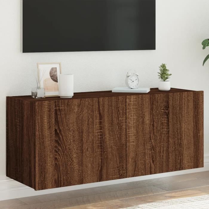 DEX Meuble TV mural avec lumières LED chêne marron 100x35x41 cm ...