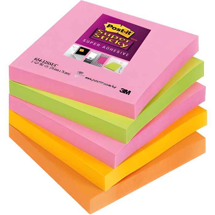 Bloc post it - Post-it - Super Sticky - 76x76mm - Néon assorti - Lot de ...