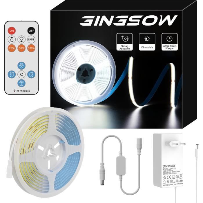 Ruban Led Cob 6000K, 5M Dc24V Bande Led Blanc Froid Avec Alimentation ...