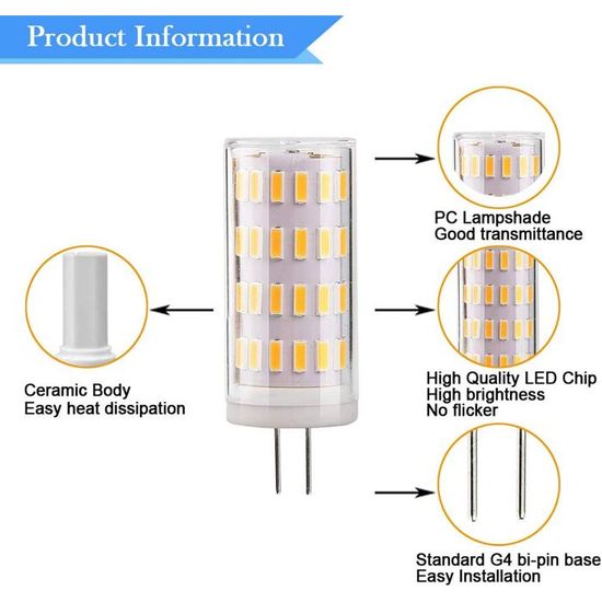 G4 Led 12v 4w Ampoule, AC/DC 12V Ampoules , 400LM, Blanc Chaud 3000K, Non dimmable, Remplacement ...